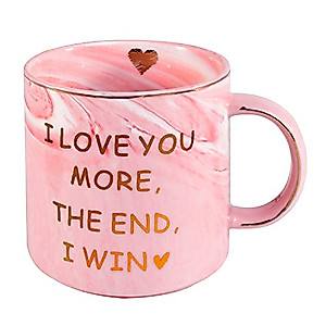 OEAGO Valentines Day Gifts for Her Him Women Mom Wife Girlfriend Funny Gifts Cups 12 oz Marble Pink Coffee Mugs Birthday Gifts Print I Love You More The End I Win