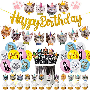 42pcs Cat Birthday Party Decoration Set, Cat Face Banner Latex Balloons Kitten Happy Birthday Cake Cupcake Toppers for Meow Kitty Theme Birthday Party Supplies