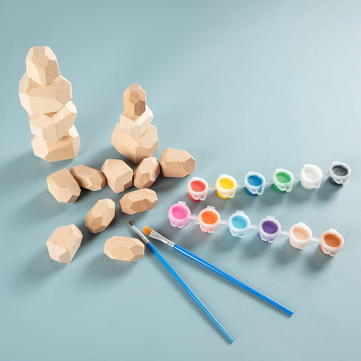 MERRYHEART 16PCS DIY Wooden Balancing Stones, Wooden Building Blocks with Pigment Stacking Game, Rock Blocks Educational Puzzle Toy