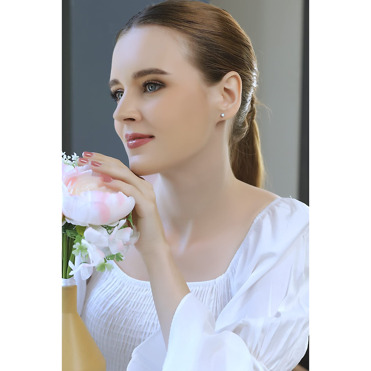 Opal Earrings for Women Sterling Silver Simulated White Opal 4mm Round-Cut Solitaire Small Stud Earrings for Teens