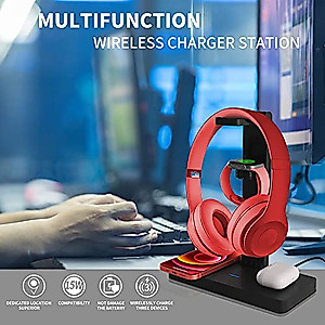 PloutoRich Headphone Stand Headset Holder Hanger Hook with USB Charger, Gaming Headset Stand for All Headsets, 4 in 1 Charging Station for Apple Products, iPhone/iWatch/Airpods/Airpods Max Stand