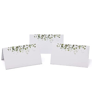 100 Pack Eucalyptus Greenery Place Cards Green Leaves Seating Name Card Wedding Table Setting Folded Tent Cards for Baby Shower Dinner Weddings Reception Tables Placement Party Decorations 2" x 3.5"