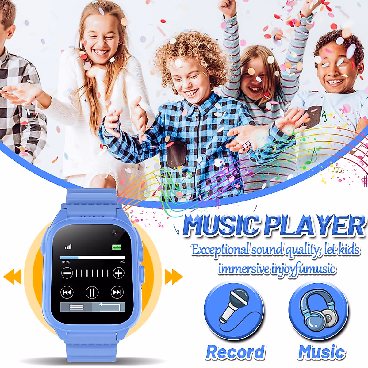 Kids Waterproof Smart Watch Girls Boys with 26 Puzzle Game 1.44" HD Touchscreen Pedometer Video Music Player Alarm Clock Flashlight Parental Control Child Learning Toys for Age 3-12