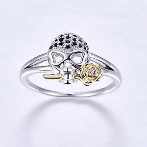 Narica Silver Plated Women's Gothic Skull Flower Ring Round Cut Created Pink Topaz & Black Spinel CZ Cubic Zirconia Filled Engagement Promise Wedding Band for Mom Lover Gift 6#