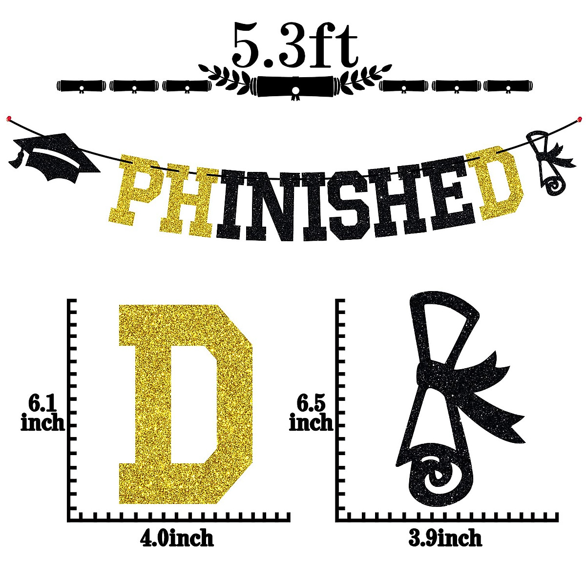 Phinished Banner, Class of 2025 Master Doctor Degree, Congrats Phd College Graduation Party Decoration Supplies, Gold and Black Glitter