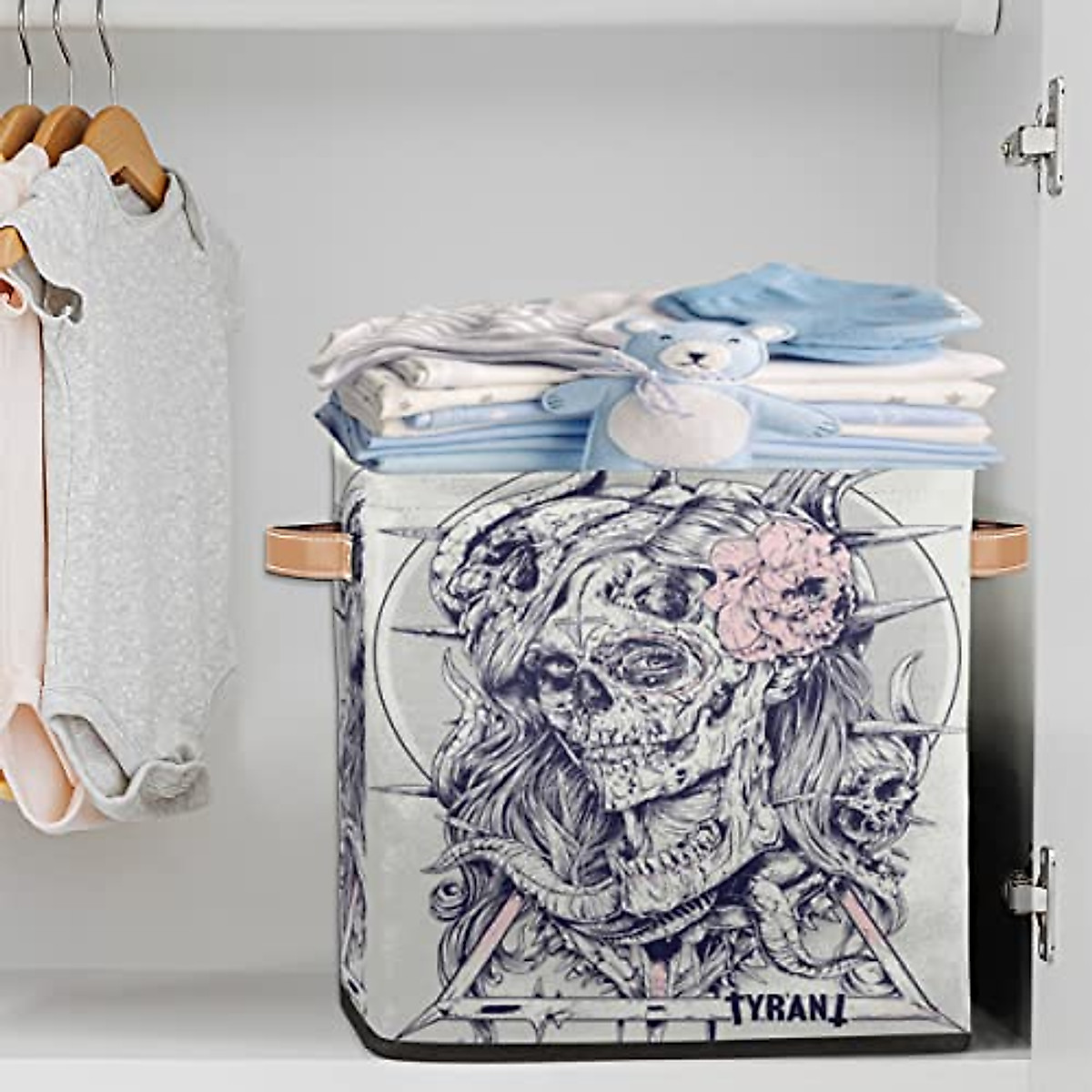 GzLeyigou Large Collapsible Storage Bins,Retro Skeleton Skull Decorative Canvas Fabric Storage Boxes Organizer with Handles,Cube Square Baskets Bin for Home Shelves Closet Nursery Gifts