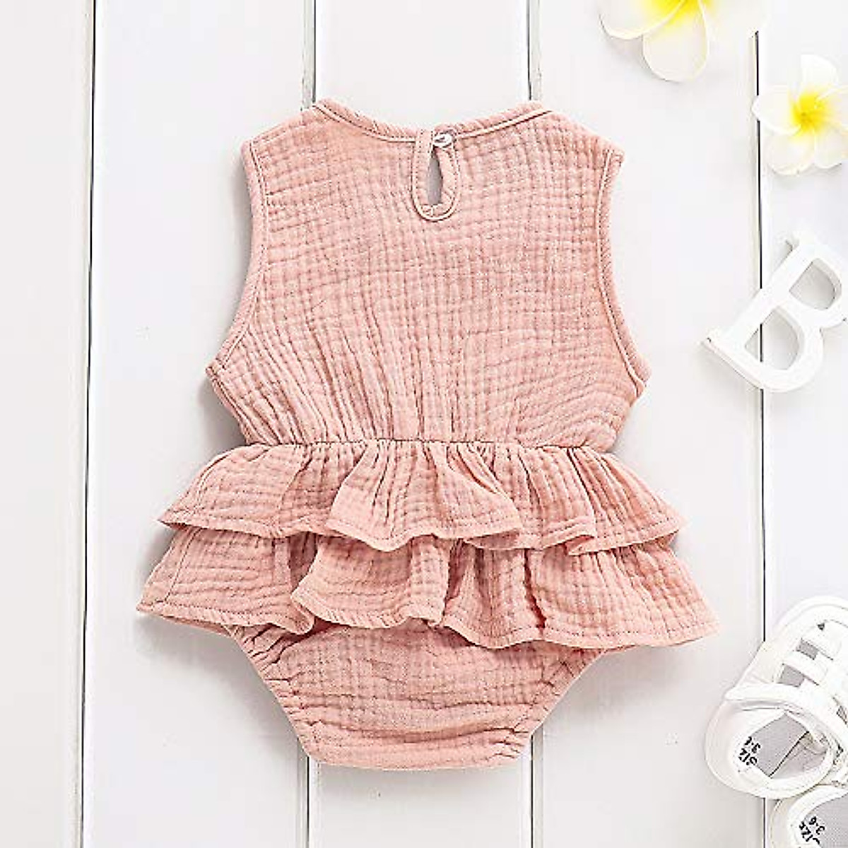 Yoawdats Newborn Baby Girl Romper Cotton Linen Bodysuits Ruffle Sleeve Summer Jumpsuit Outfits Clothes (0-6 Months, Y Pink)