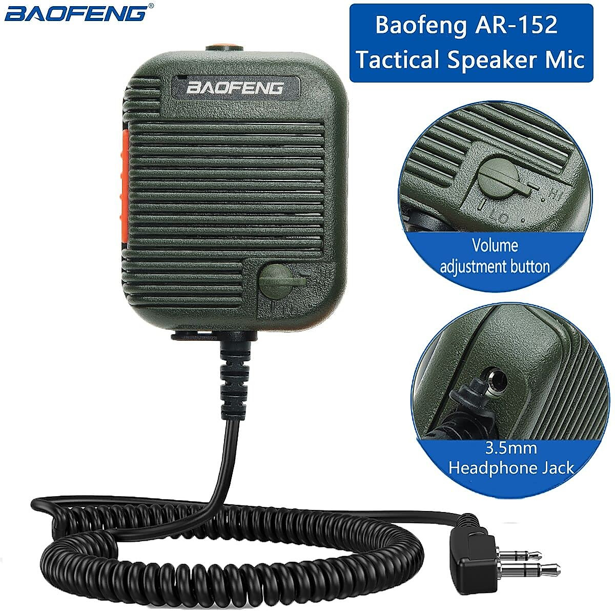 Baofeng AR-152 Tactical Speaker Mic Shoulder Microphone Volume Adjustable Military Grade Handheld Speaker for BaoFeng UV-5R UV-82 BF-888S RETEVIS TYT Pxton BTECH Kenwood Radios