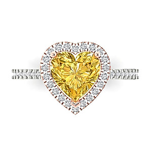 Clara Pucci 2.46 ct Heart Cut Solitaire W/Accent Halo Natural Yellow Citrine Bridal Wedding Statement ring 18K 2 Tone Gold Size 6