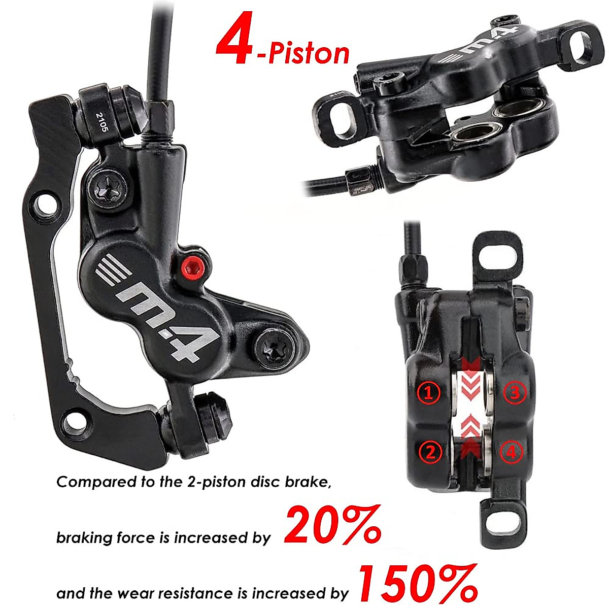 JFOYH 4-Piston MTB Hydraulic Brake Set with 160mm Floating Disc Rotors, Front and Rear Hydraulic Disc Brake Kit For MTB(Pre-bled, Left-Front/Right-Rear)