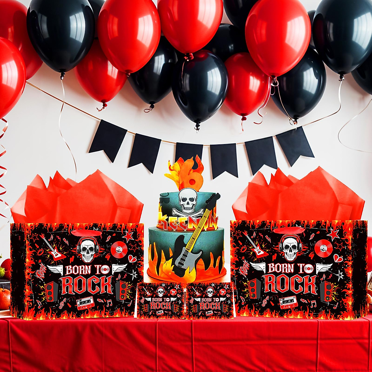 Rock Birthday Gift Bag for Men Women Rocking Music Gift Bag for Boys Girls with Card Tissue Paper, Skeleton Skull Wrapping Paper Bag for Guitar Rock and Roll Party Decorations 1950's 50s 60s Themed