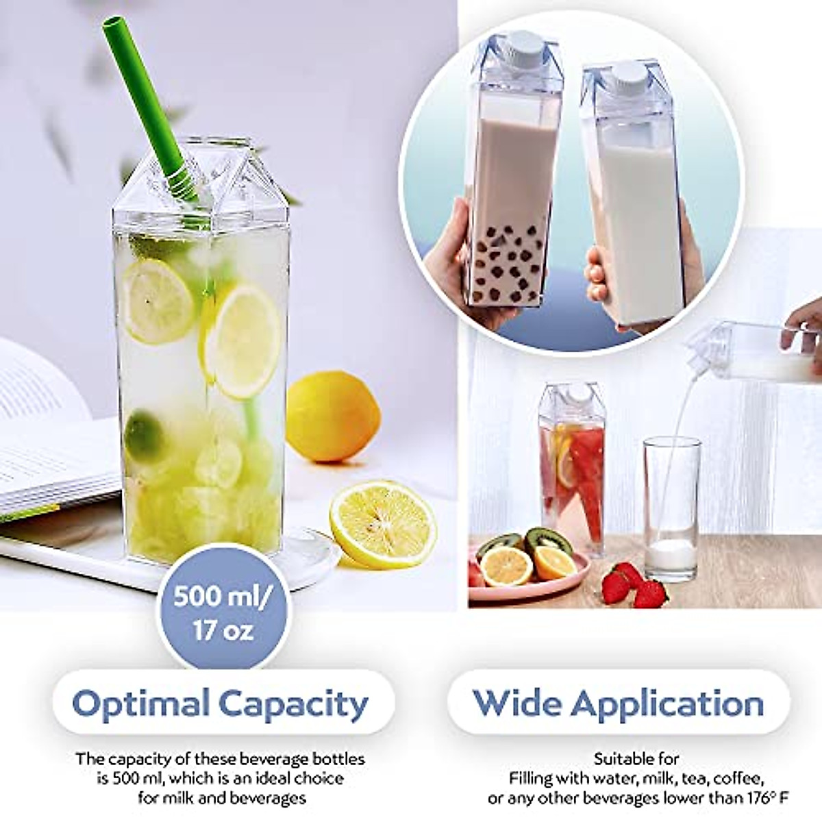 DynastyEdition-5Pack Clear Acrylic BPA free Milk CartonBottles-500ML. Reusable Leakproof Creative & Portable Transparent Square Shaped Top for Fun Outdoor Sports Travel Camping and School Activities.