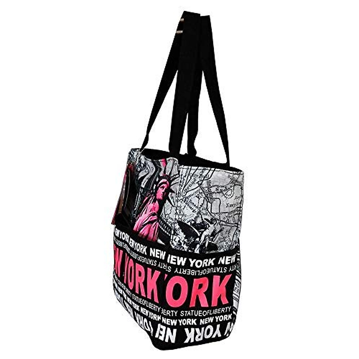 Robin Ruth Statue of Liberty NY Skyline Canvas Tote Shoulder Bag Black/Fuschia