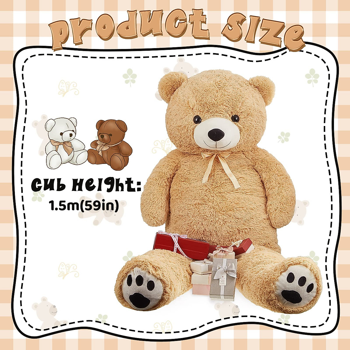 Meooeck Giant Bear 59'' Big Large Stuffed Animal Plush Cute Huge 4.92 Feet Tall Light Brown Stuffed Bear Valentines Day Gift for Girlfriend Wife Lover Birthday Present