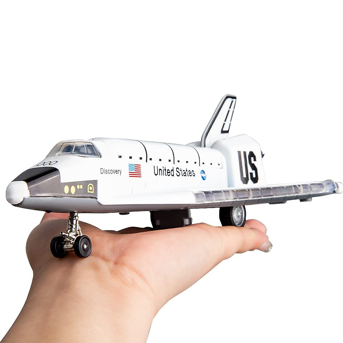 TGRCM-CZ 8'' Space Shuttle,US Discovery Airplane Toys, Alloy Pull Back Aircraft Model with Base LED Light and Sound, Display Plane for Boys Girls Adults Outdoor Games and Decoration, White