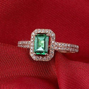 Lanmi Solid 14K Rose Gold Natural Green Emerald Ring Diamonds Engagement Wedding Rings for Ladies Women