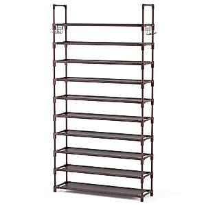 VTRIN 10 Tiers Shoe Rack Tall Large Capacity 50 Pairs Wide Shoe Organizer Sturdy Shoe Shelf for Entryway with Two Hooks Metal Shoe Storage for Closet, Bedroom, Brown