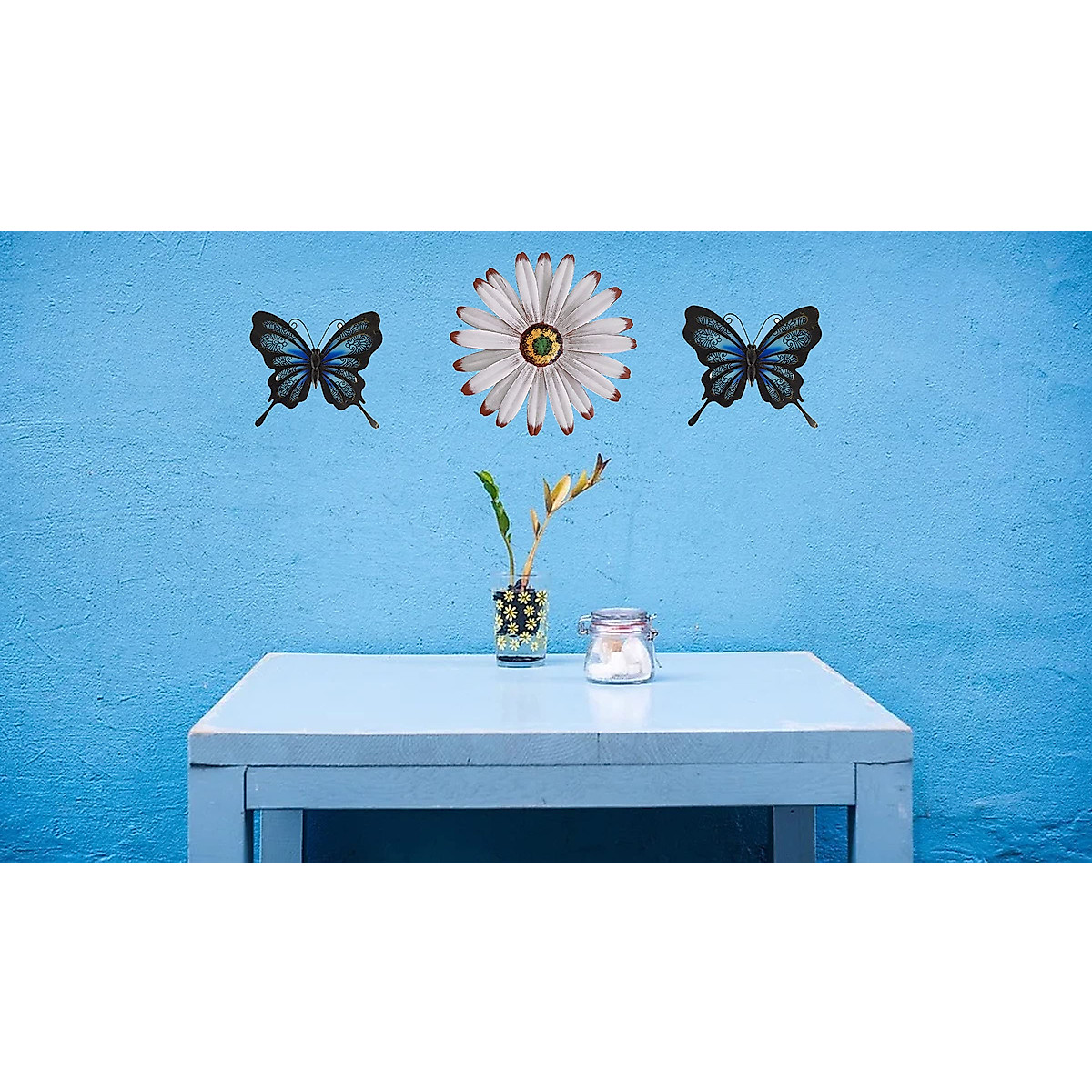SeasonsEasy Metal and Glass Butterfly Outdoor Patio Garden Wall Decor or Indoor Living Room, Bedroom, Kitchen, Bathroom - Set of 2 Sculpture Butterflies with Blue Design Inserts
