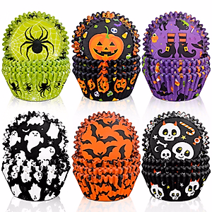 Whaline 600Pcs Halloween Cupcake Liners Pumpkin Witch Legs Bats Ghosts Spiders Skulls Cupcake Wrappers Baking Cups Holders Muffin Baking Liners for Halloween Party Supply