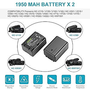Neewer VW-VBT190 Battery (2-Pack/1950mAh) and Dual USB Charger Kit Compatible with Panasonic HC-V110 V130 V160 V180 HC-V201 V210 V250 HC-V380 HC-V510 V520 V550 HC-V710 V720 V750 V770 HC-VX870