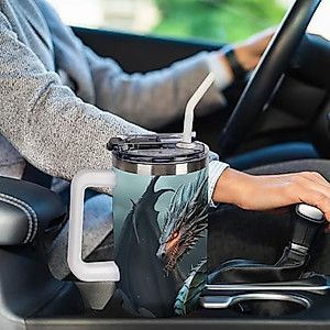 QWJKM Cool Dragon Tumbler with Handle Large Insulated Car Cup 40 OZ Stainless Steel Travel Mug Leak Proof Water Bottle with Lid And Straw for Car Home Office Gifts