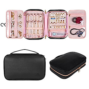 MATEIN Jewelry Travel Organizer, Tangle Free Necklace Storage Bag for Women Hanging Travel Case with Handle for Jewelry Accessories Faux Leather Clutch Bag for Earrings, Rings, Bracelets, Black