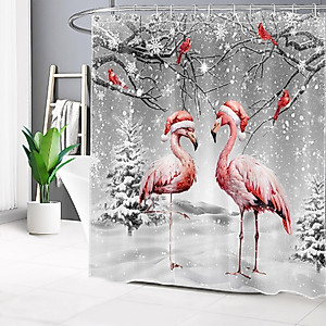 EOBTAIN Winter Christmas Shower Curtain for Bathroom Winter Scene Snowflake Pink Flamingo and Cardinal on Pine Tree Shower Curtain with 12 Hooks Snow Scenery Bathroom Curtains Shower Set 72x72 Inch