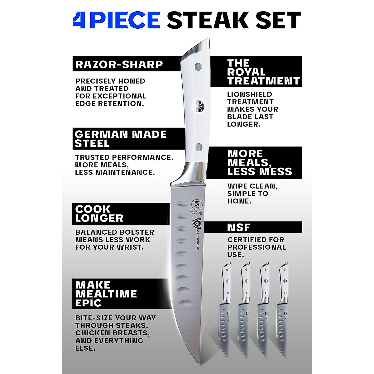 Dalstrong Steak Knife Set - 4-5" Straight Blade Edge - Gladiator Series - Forged German High-Carbon Steel - w/Sheaths - Glacial White ABS Handle - Dinner Set Kitchen Knives