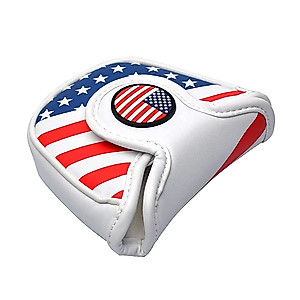 PLUSKER USA Golf Club Mallet Putter Cover Magnetic Closure American Flag Stars and Stripes Pattern Design Leather Patriotic Head Cover