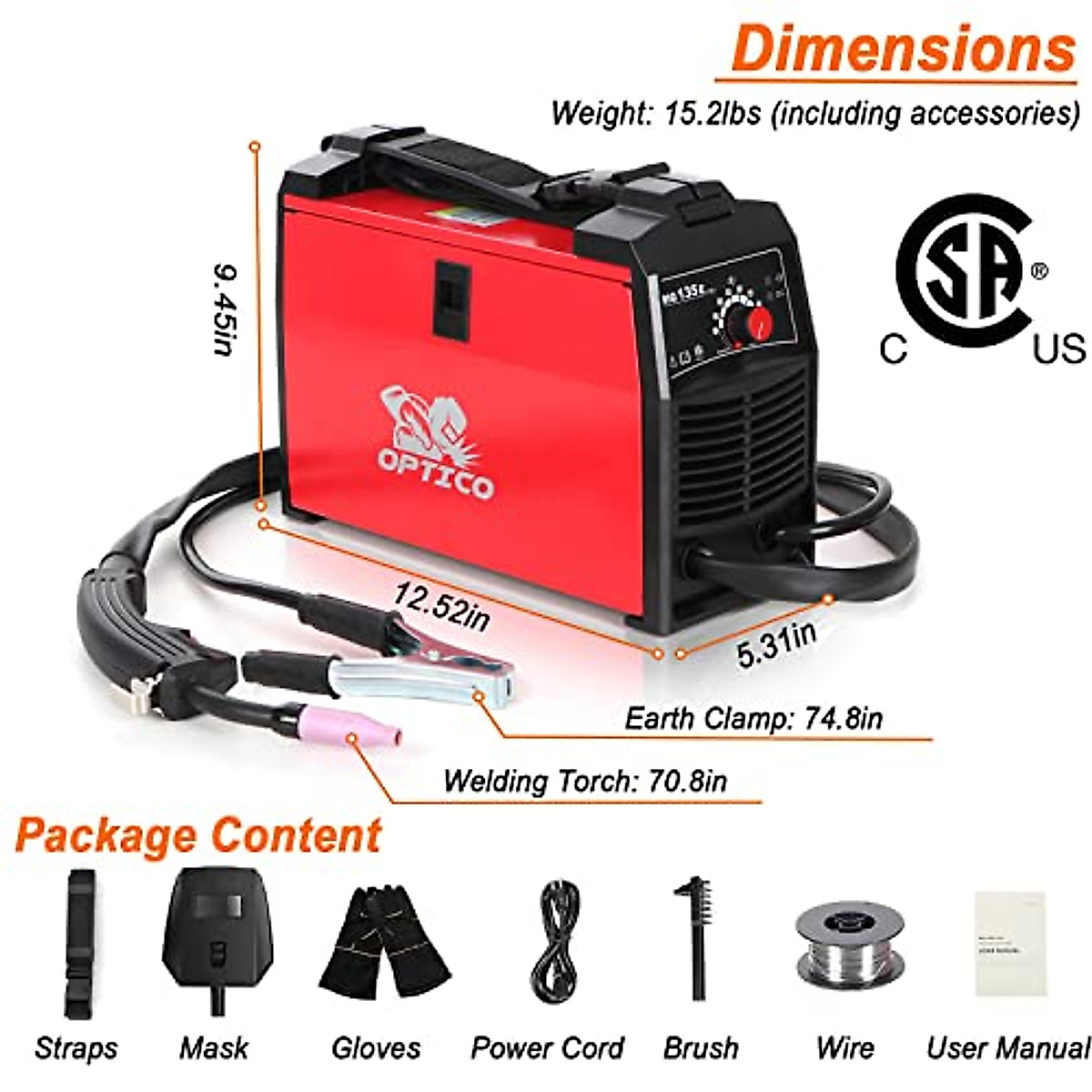 OPTICO MIG 135E Welder Machine, 110/120V IGBT Welding Machine, Gasless Flux Cored Welder, Automatic Wire Feed Welder with 40-100A for Beginner, DIY Home Portable Welding Machine Kit with Mask
