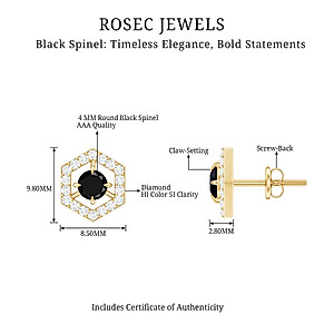 Certified Black Spinel and Diamond Geometrical Stud Earrings for Women | 1 Cttw | AAA Quality, 14K Yellow Gold