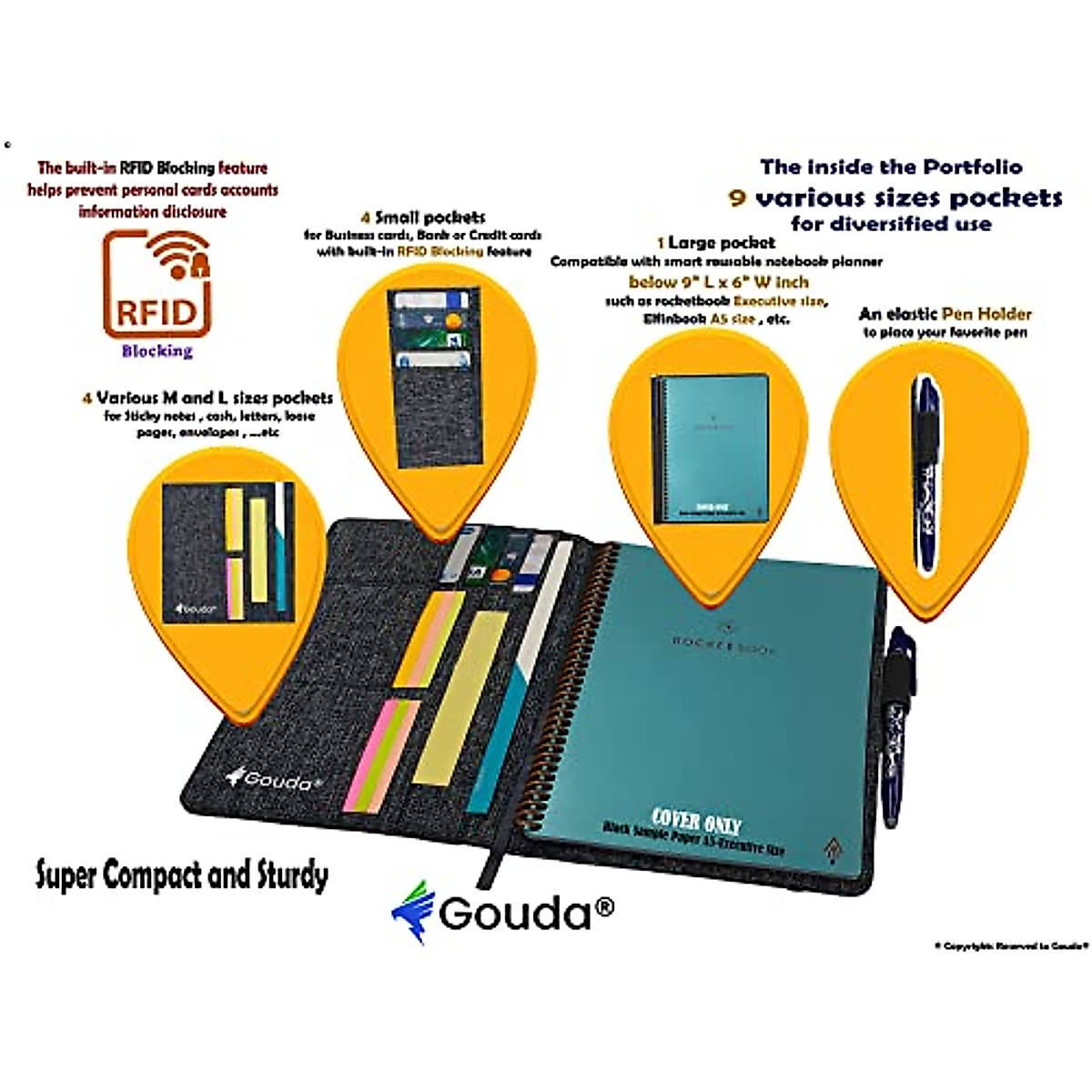 Gouda Bifold Portfolio Notebook Cover , Portfolio Organizer with Pen Loop , Large , Meduim and Small Pockets , Business Card Holder with RFID Blocking Feature , Ribbon Bookmark , Leather Water-resistante Fabric Case , for Smart Reusable Notebook Planner ,