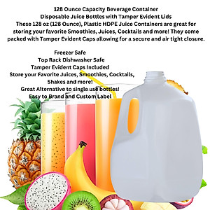 (4 PACK) 128 Oz Empty Plastic Gallon Juice Bottles with Tamper Evident WHITE Caps - Smoothie Bottles - Ideal for Juices, Milk, Smoothies, Picnic's and Even Meal Prep - Made in USA