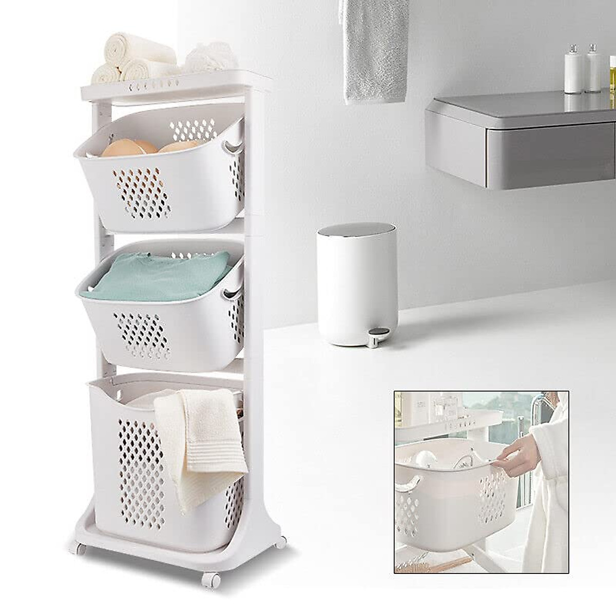 3 Tier Laundry Rack with Basket, Freestand Laundry Hamper Basket Sorter with Wheels,Clothes Storage Organizer Shelf Rolling Cart for Bathroom/Kitchen