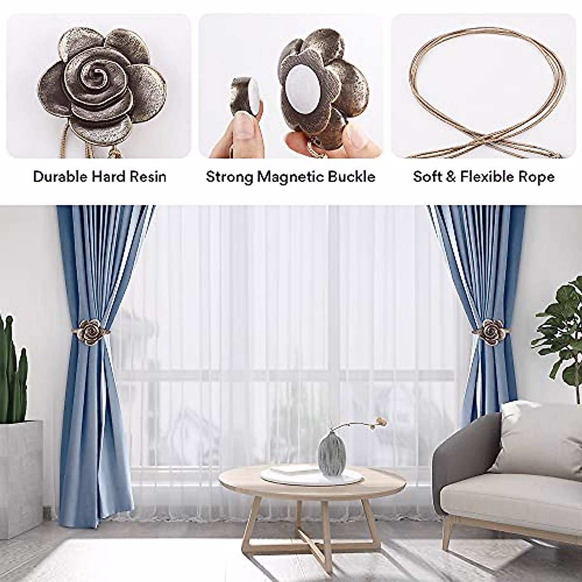 Magnetic Curtain Tiebacks, Aimou Resin Flower Curtain Ties, Vintage Curtain Drapery Holdbacks, Magnetic Window Drapery Decorative Holders with Rope for Outdoor, Home, and Office(4 Pack, Bronze)