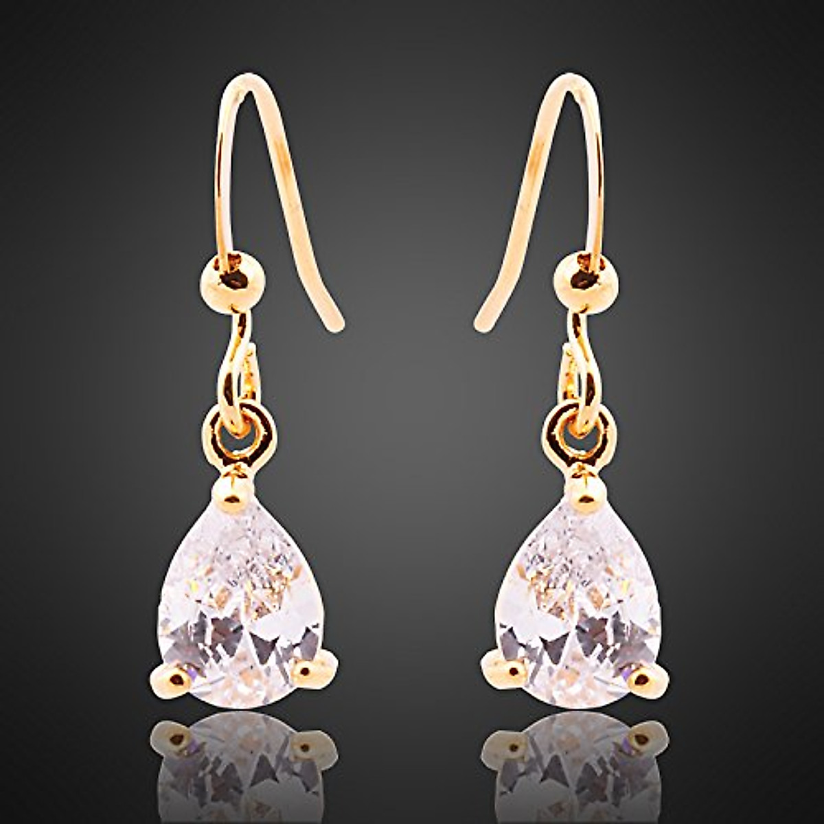 Dangle Drop Pierced Earrings with Pear Cut CZ White Cubic Zirconia in 18K Yellow Gold Plated, Simple Modern Elegant