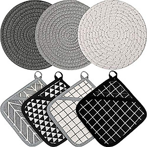 7 Pieces Square Pot Holders Washable Heat Resistant Pocket Mitt with Hanging Loop and Round Thread Weave Coaster Braided Drink Hot Pad Absorbent Woven Coaster for Kitchen Cooking Dinning