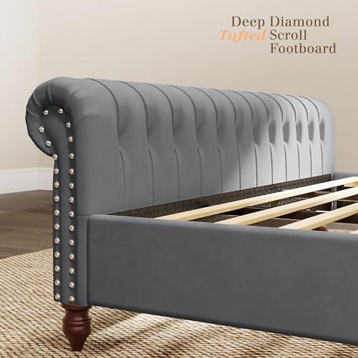 PaPaJet Bed Frame Queen Size with Headboard and Footboard, Velvet Upholstered Sleigh Bed, Deep Button Tufted, No Box Spring Needed, Grey