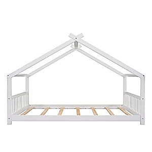 Harper & Bright Designs Full Size House Bed for Kids, Wooden House Bed Frame with Headboard and Footboard, House Floor Bed with Slat Support, No Box Spring Needed (White)