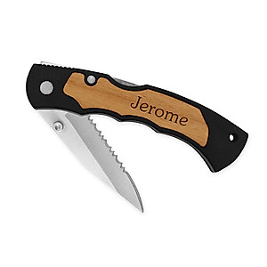 Dimension 9 Laser Engraved Alder Wood Personalized Stainless Steel Blade Folding Pocket Knife with Clip, Jerome, Black