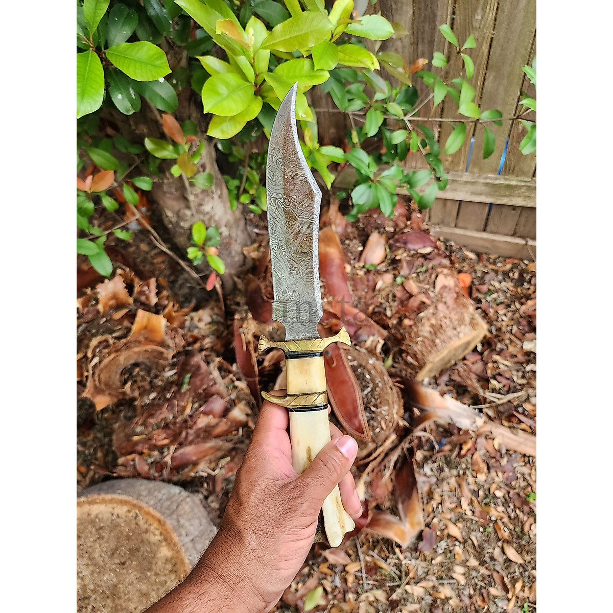 Vainsta Fixed Blade Knife with Sheath 15 Inch Handmade Custom Damascus Hunting Knife, Hand Forged Classic Bowie Knife with Camel Bone Handle for Firm Grip, white