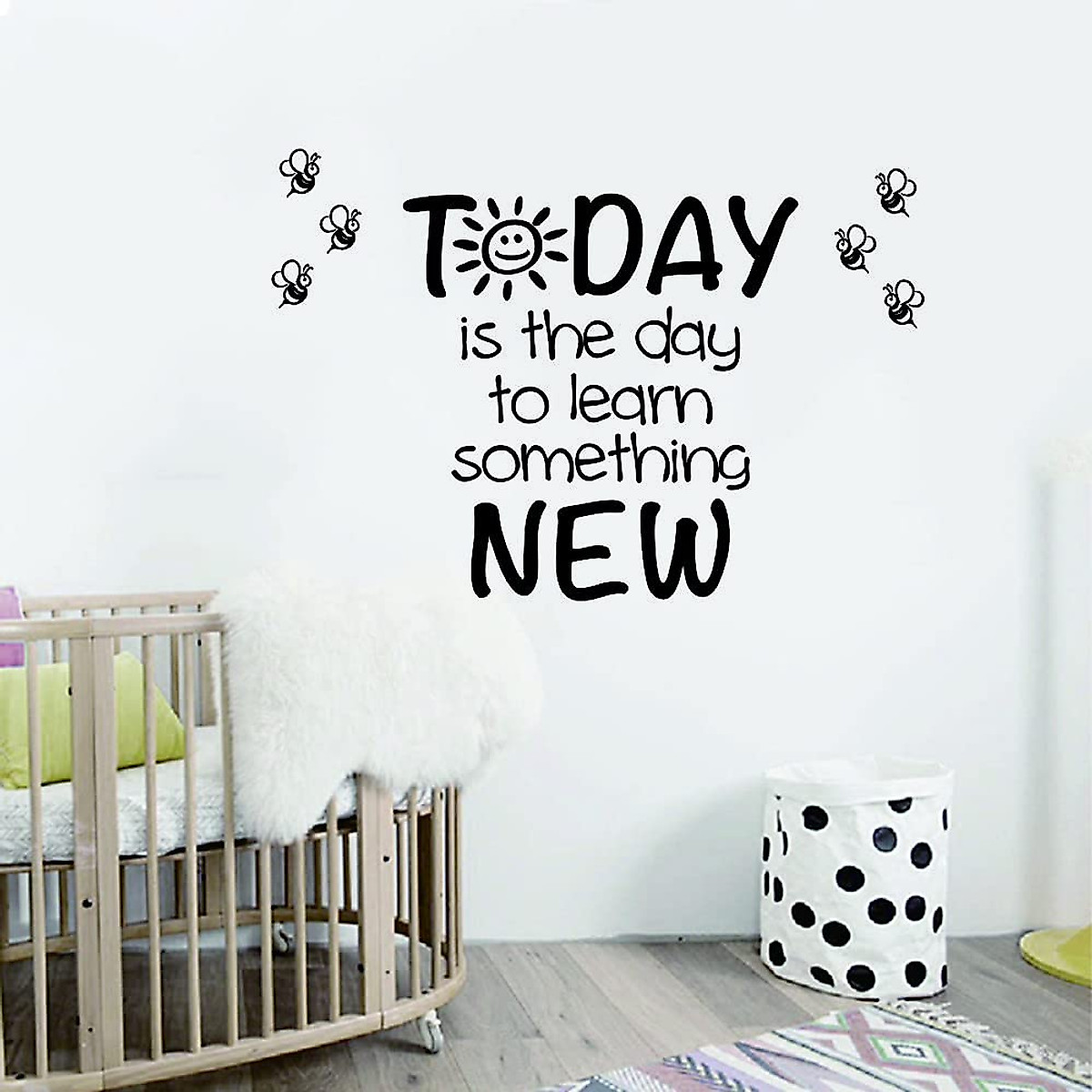 ANFRJJI Love Learning, Start Now Inspirational Words Wall Decal - Little Bee and Sun Smile PVC Removable Wall Sticker for Student and Kids Room Decor -Effect 26"x37"inch (black-JWH255-Today)