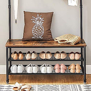 VASAGLE DAINTREE 3-in-1 Entryway Coat Rack and Storage Bench, Pipe Style Hall Tree with 9 Hooks, Multifunctional, Sturdy Steel Frame, Large Size, Industrial, Rustic Brown and Black UHSR47BX