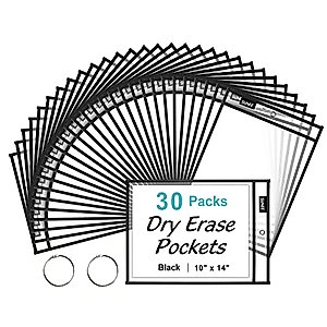 SUNEE 30 Packs Oversized Reusable Dry Erase Pocket Sleeves with 2 Rings, Black 10x14 Ticket Holders, Clear Plastic Sheet Protectors, Teacher School Classroom Supplies