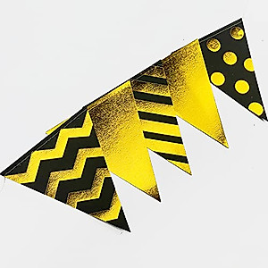 39 Ft Black Gold Triangle Pennant Banner Metallic Foil Polka Dot Stripe Paper Flag Bunting Garland Streamer for Birthday Anniversary Graduation Wedding Bridal Shower Party Decorations Supplies