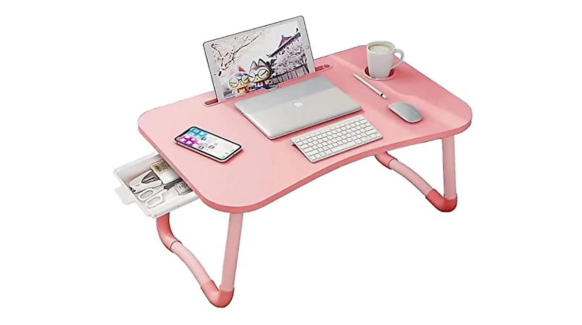 Foldable Pink Laptop Bed Desk with Storage & Cup Holder