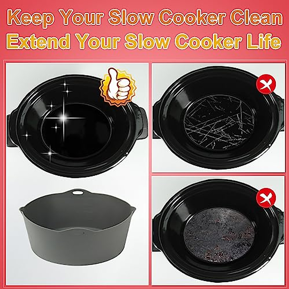 BYKITCHEN 7-8 Quart Reusable Silicone Slow Cooker Liner Compatible with Crockpot, Hamilton Beach Slow Cooker, Large Slow Cooker Insert for Most 7-8 QT Oval Slow Cooker