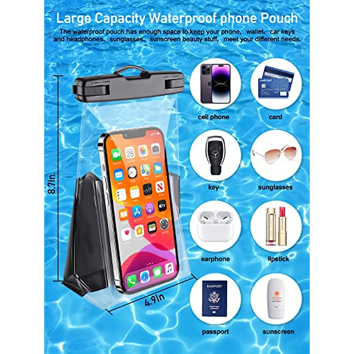 2 Pcs Large Waterproof Phone Pouch Up to 6.9", Floating Dry Bag for iPhone 14 13 12 11 Pro Max Galaxy S22 S21 Large Capacity Waterproof Bag Sunglasses Storage Dry Pouch for Swimming Rafting Boating