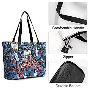 Womens Handbag Fishes Boats Pattern Leather Tote Bag Top Handle Satchel Bags For Lady