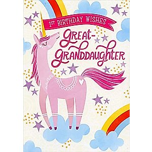 Designer Greetings Pink Unicorn, Rainbows and Blue Clouds Juvenile 1st / First Birthday Card for Great-Granddaughter
